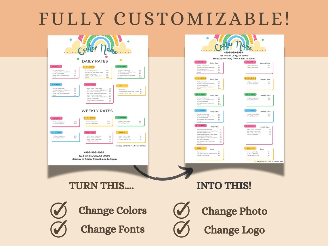 Daycare Rate Sheet Daycare Template Childcare Printables Canva Template ...