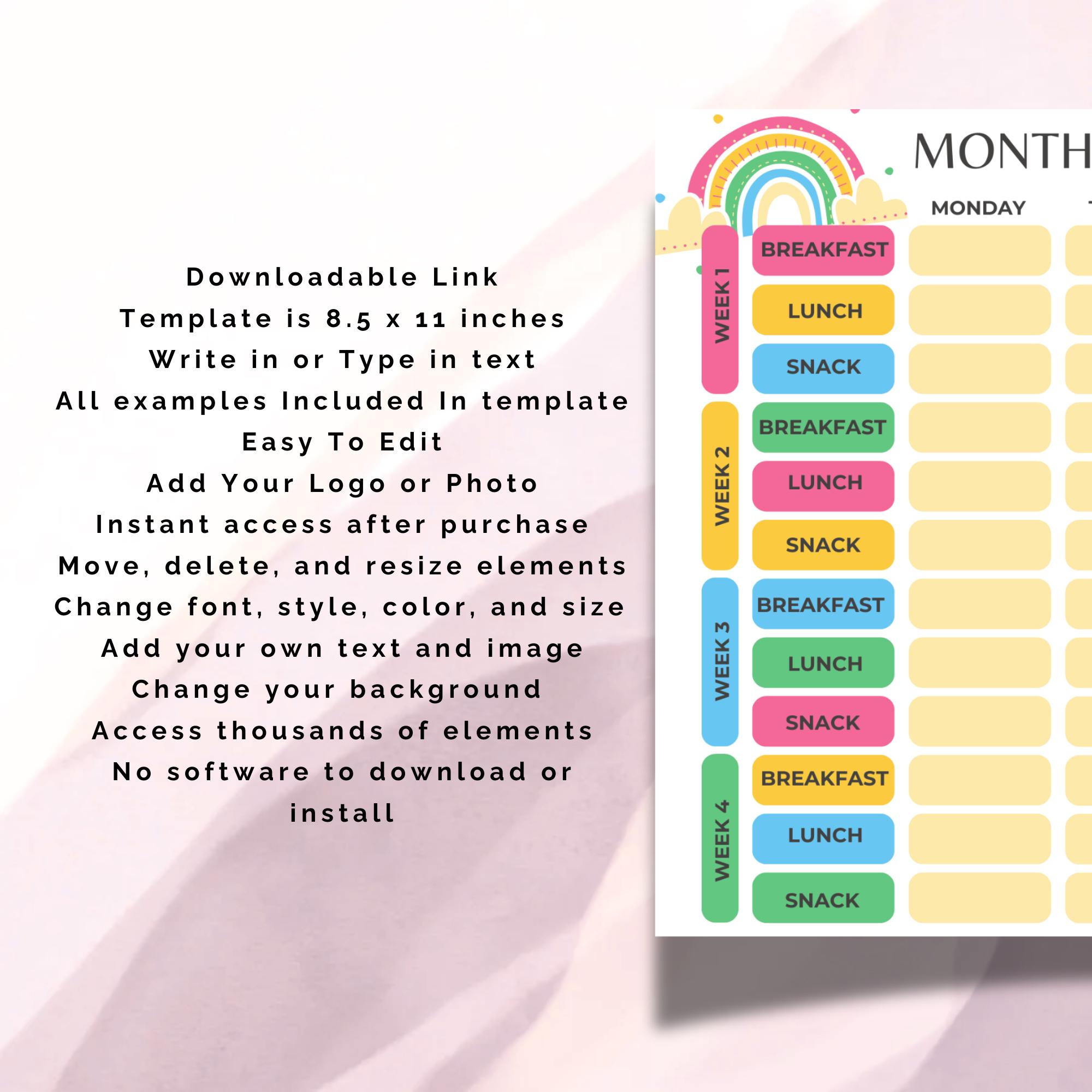 Daycare Meal Chart Template: Weekly & Monthly Planner (canva Template ...