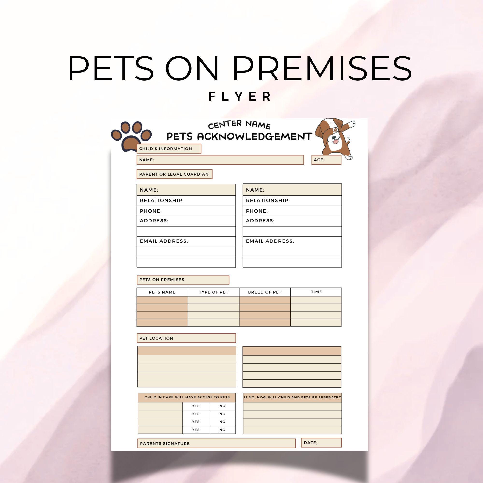 Pet on Premises Acknowledgement Flyer | Editable Daycare Pet Consent ...
