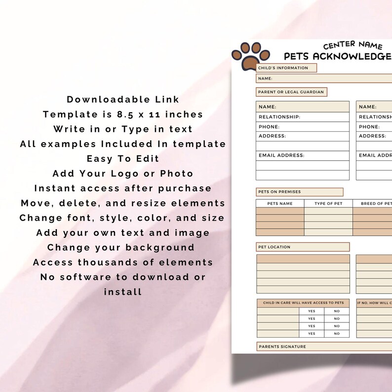 Pet on Premises Acknowledgement Flyer | Editable Daycare Pet Consent ...