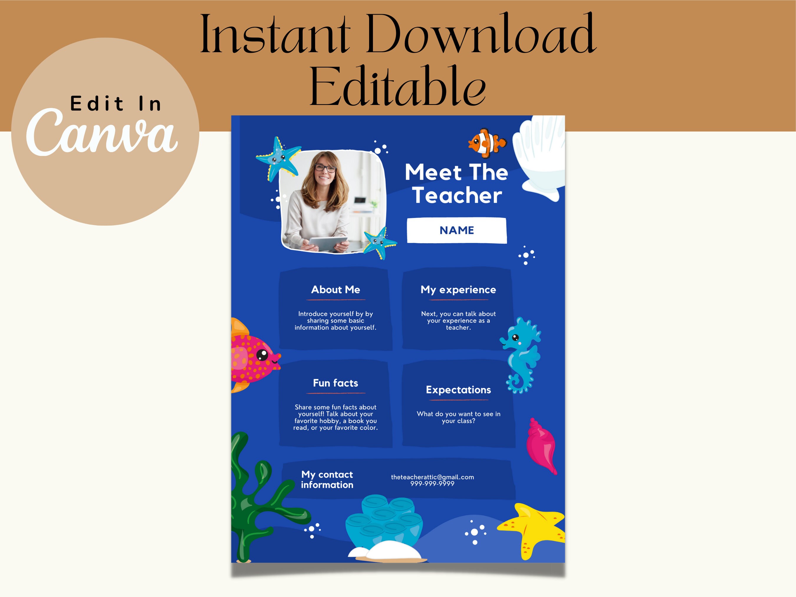 Meet the Teacher Template Sea Theme Canva Template Teacher Template ...