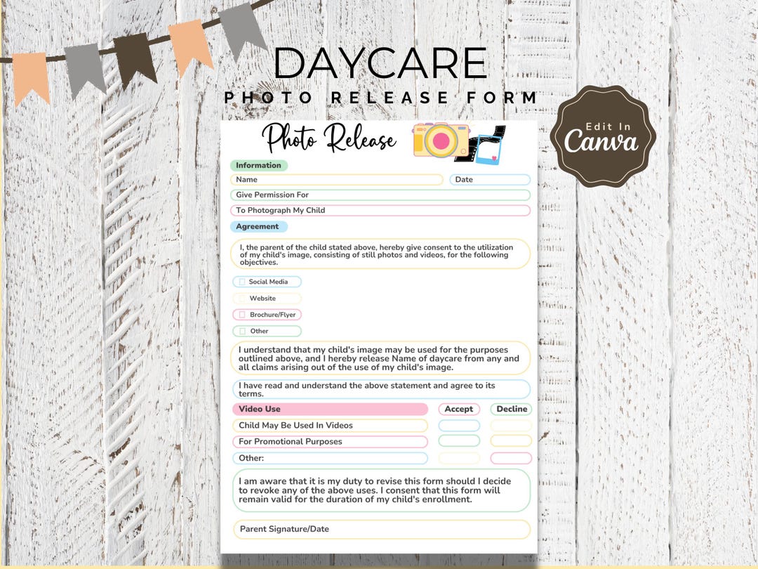 Daycare Photo Release Form Template: Childcare Printable (canva) - Etsy