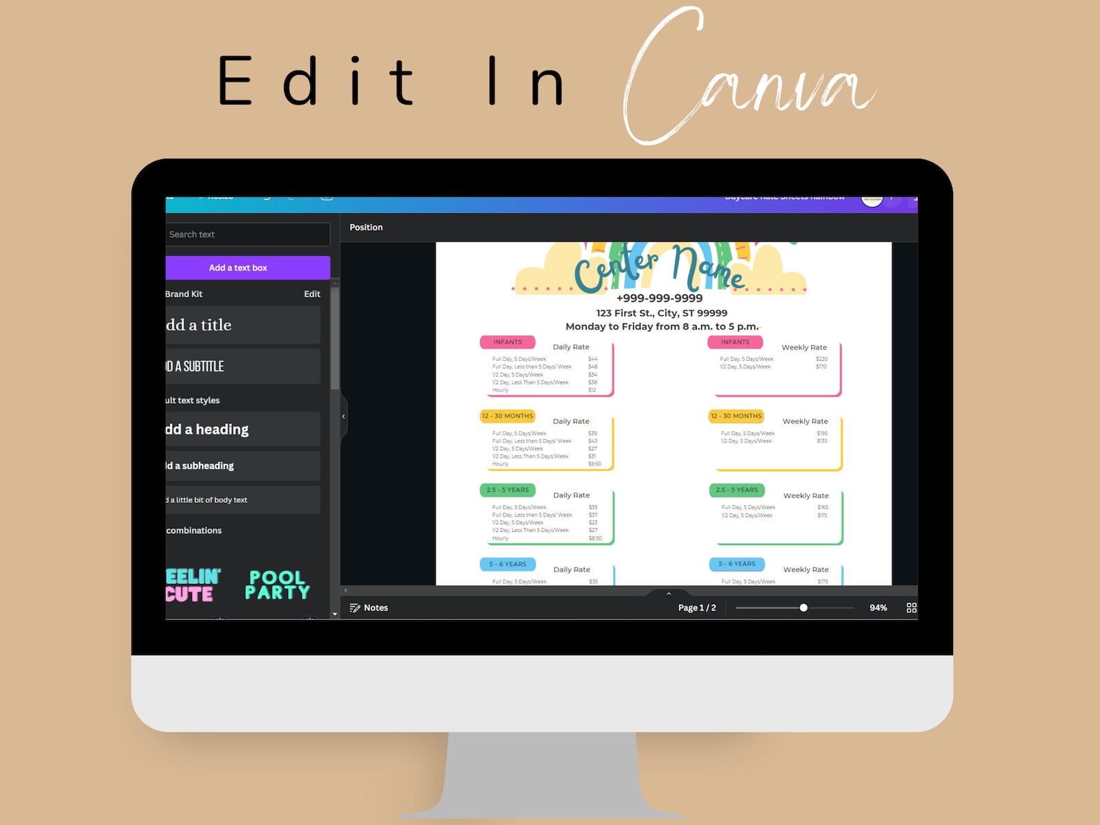 Daycare Rate Sheet Daycare Template Childcare Printables Canva Template ...
