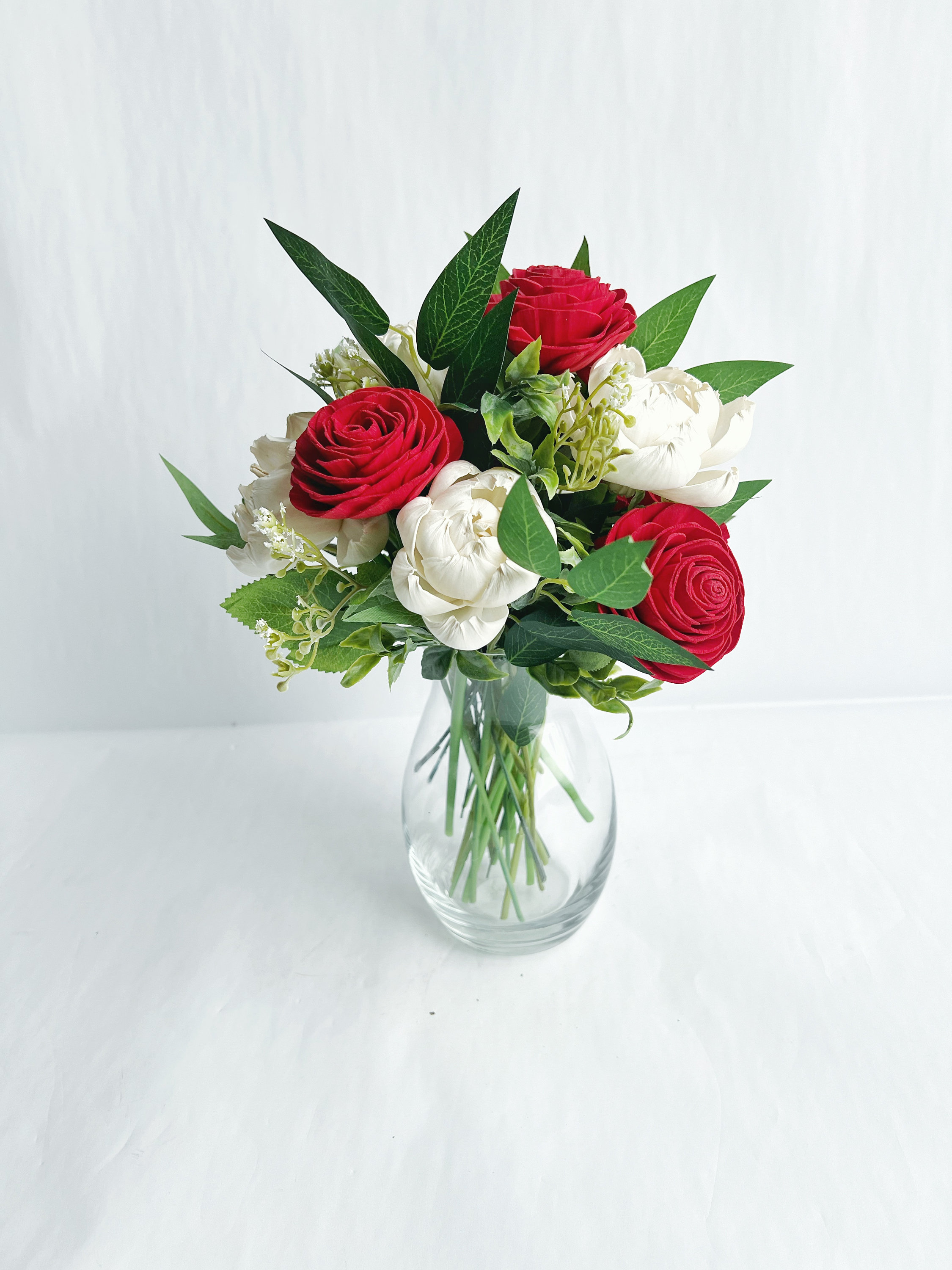 Red Rose & White Peony Sola Wood Flower Bouquet – Anniversary Gift ...