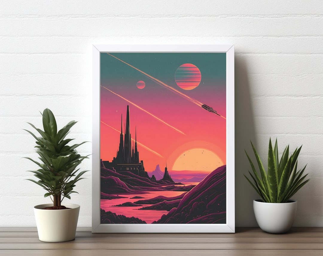 Galactic Dawn - Futuristic City, Starfield Poster, 80s Retro Futurism ...