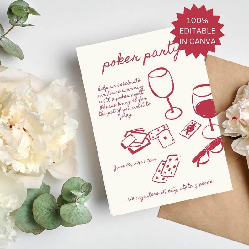 Poker Party Invite, Game Night Invitation, Hand Doodled Invite, Casino ...