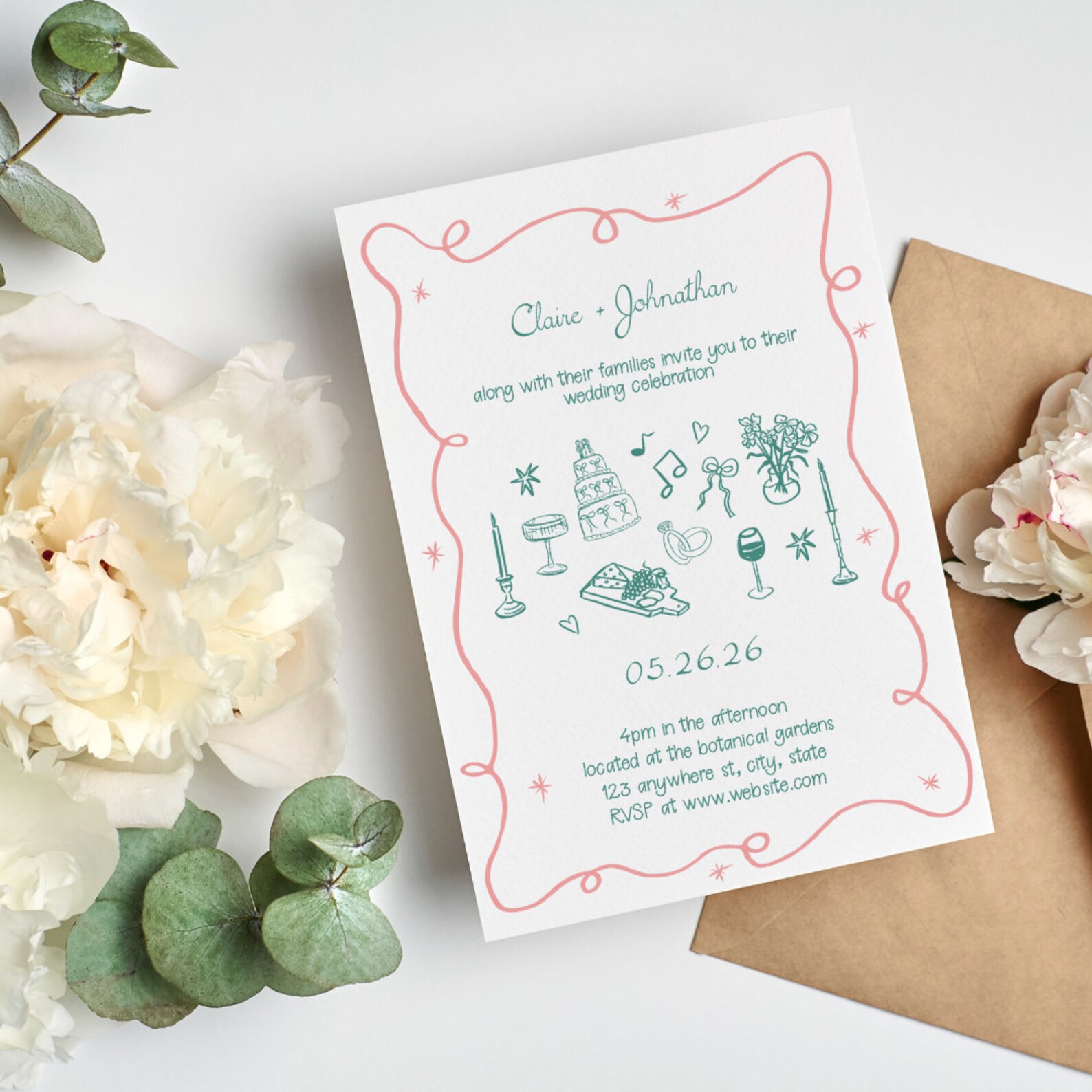 Whimsical Wedding Invite, Fun Wedding Invitation, Hand Drawn Wedding ...