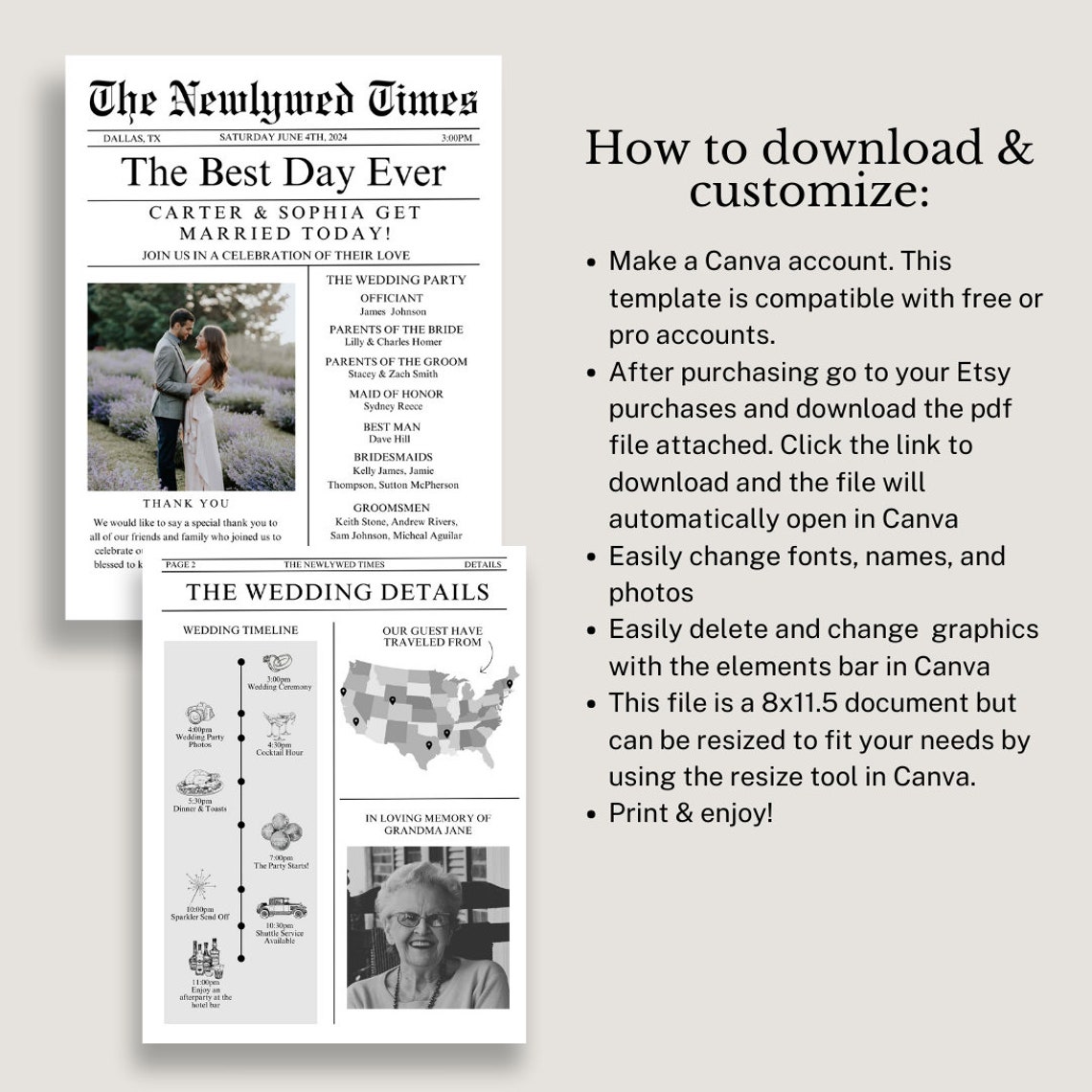 Newspaper Wedding Program Template, Editable Wedding Newspaper Program ...