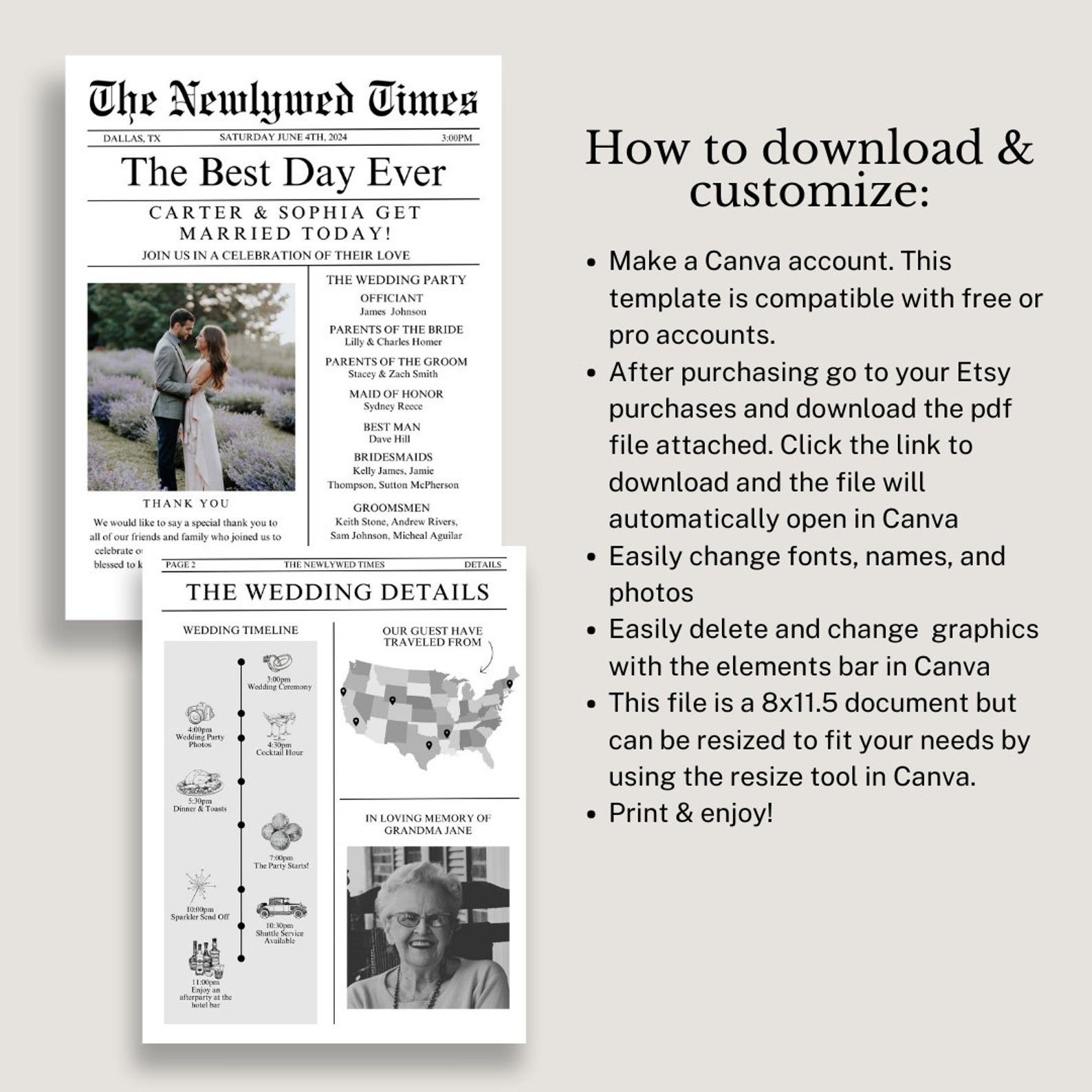 Newspaper Wedding Program Template, Editable Wedding Newspaper Program ...