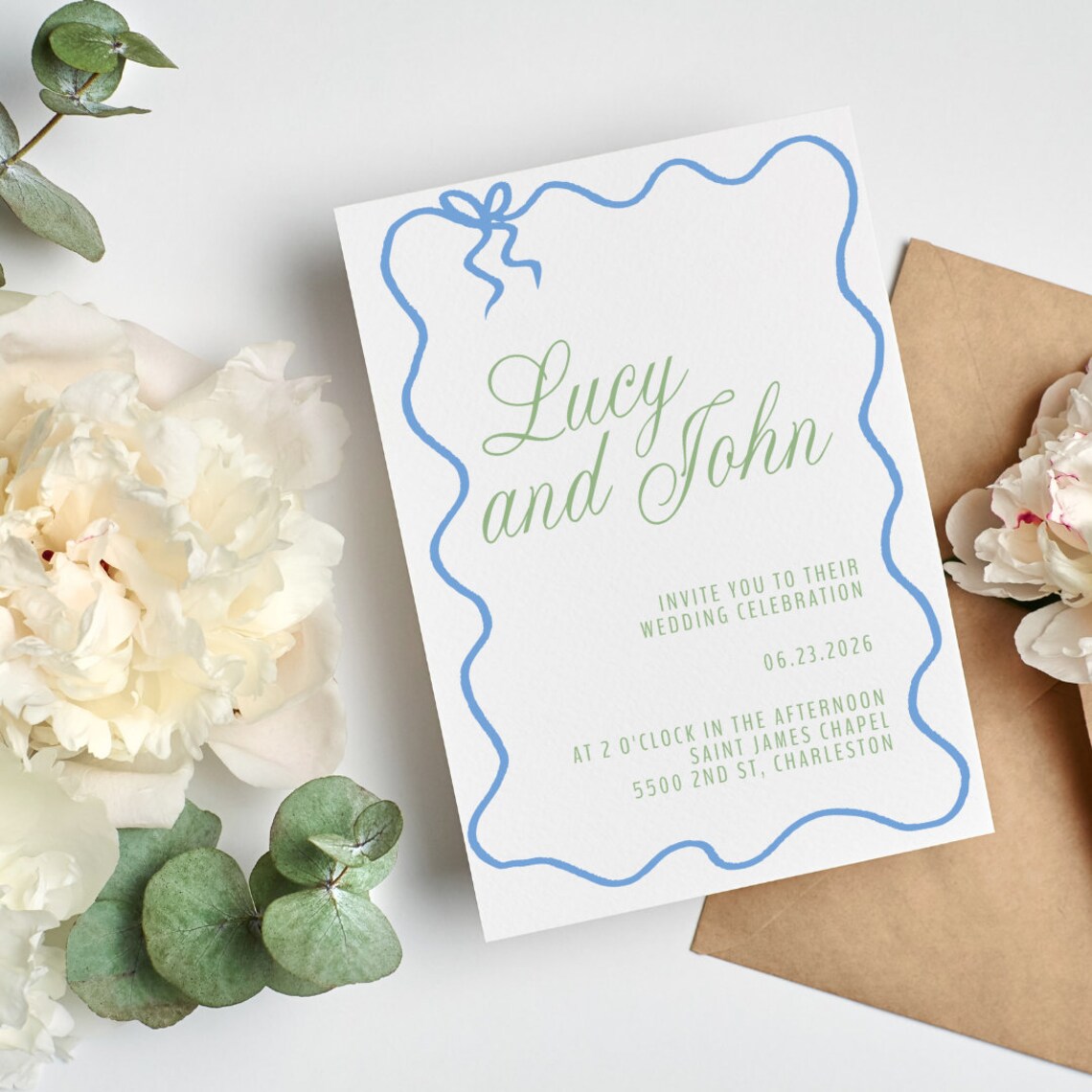 Fun Whimsical Wavy Border Invitation, Bow Invitation, Hand Drawn Invite ...