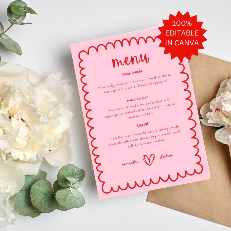 Hand Drawn Menu, Wedding Menu, Menu Template, Pink & Red, Canva ...