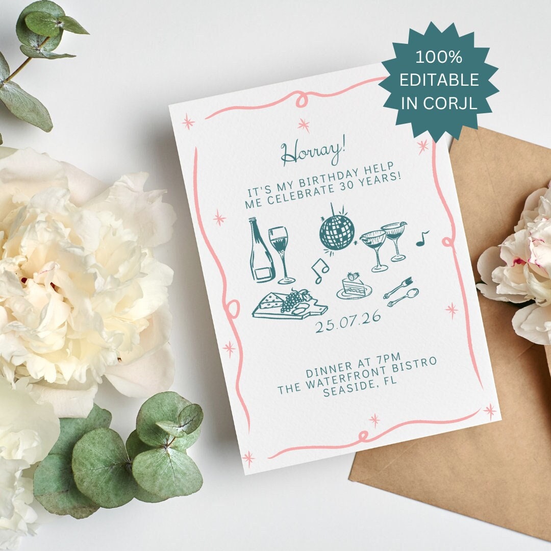 Birthday Invite Template, Hand Drawn Birthday Invite, Textable Invite ...