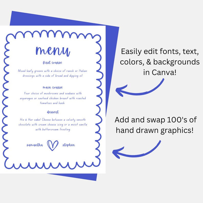 Hand Drawn Menu, Wedding Menu, Menu Template, Blue & White Canva ...