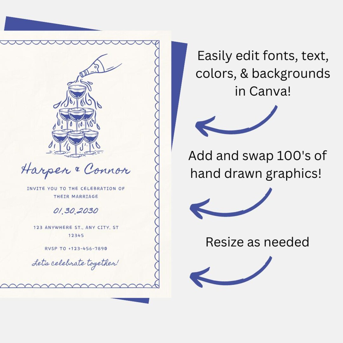 Blue Wedding Invitation, Wedding Invitation Bundle, Scribble Invitation ...
