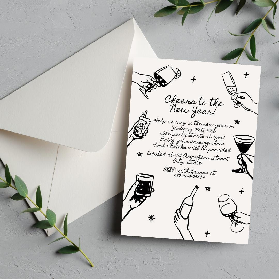 Hand Drawn New Years Invitation, Fun New Years Eve Invite, Scribble ...