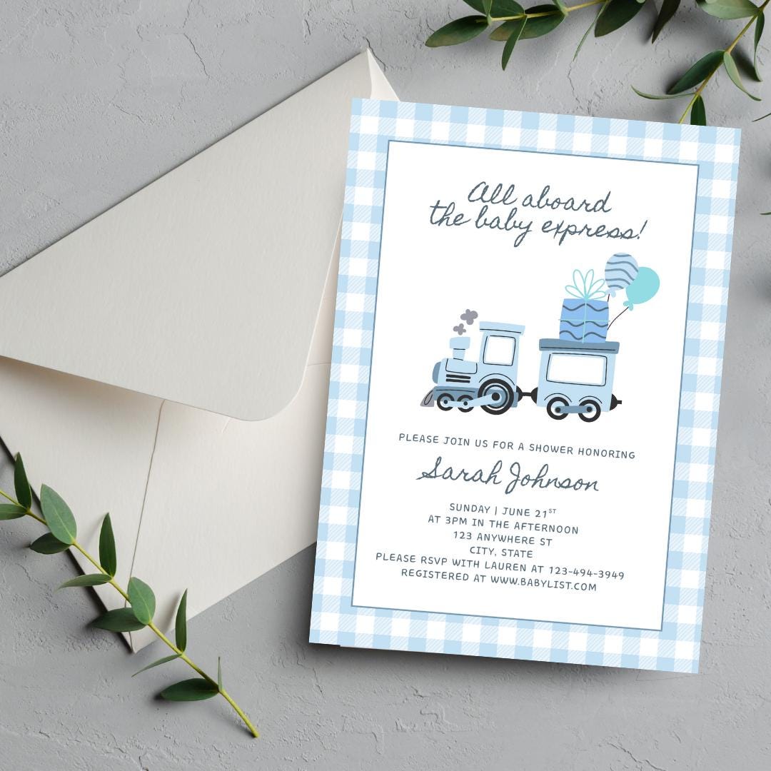 Train Baby Shower Invitation: All Aboard, Blue Boy Sprinkle (5x7 ...