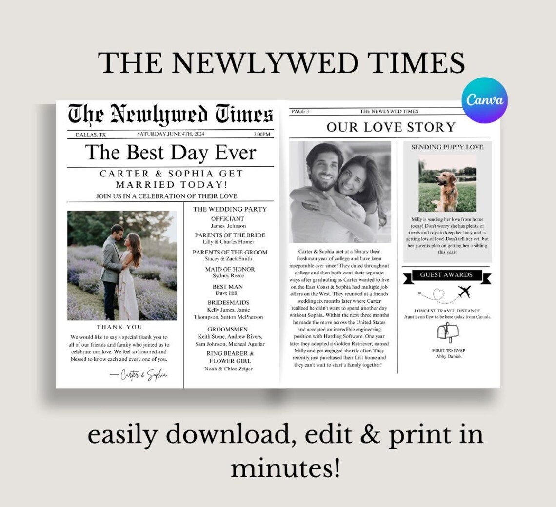 Newspaper Wedding Program Template, Editable Wedding Newspaper Program ...