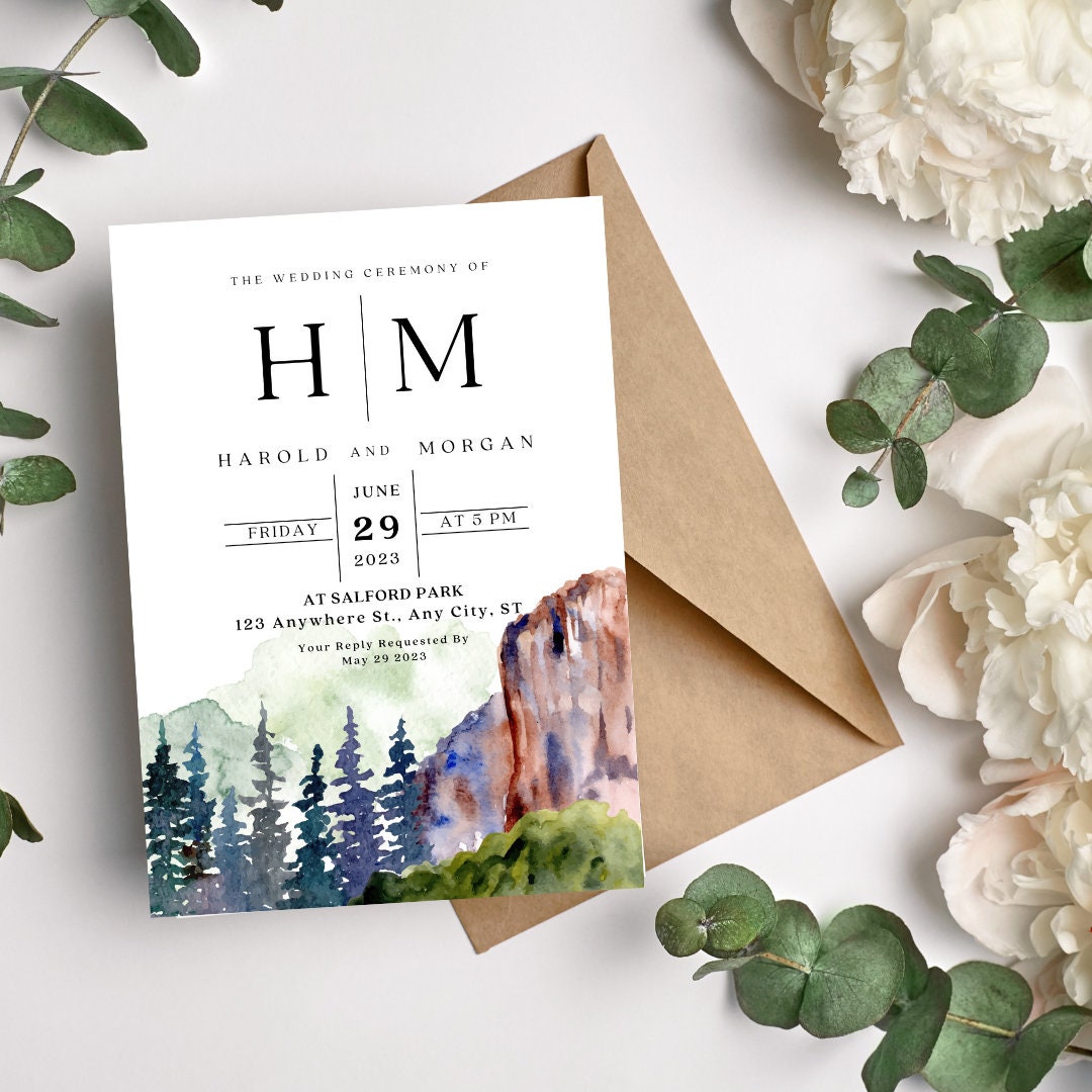 Rustic Wedding Invitation, Mountain Wedding Invitation, Watercolor ...