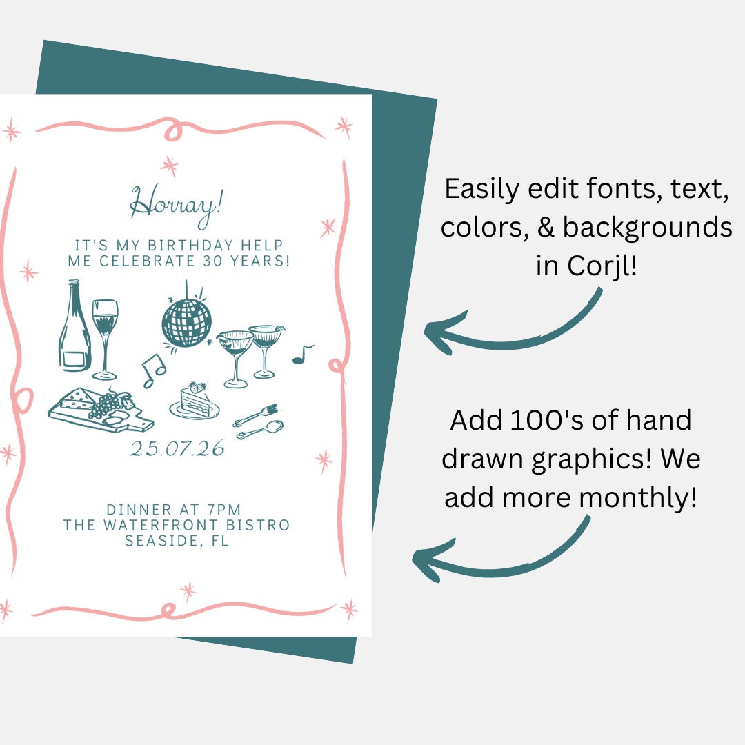 Birthday Invite Template, Hand Drawn Birthday Invite, Textable Invite ...