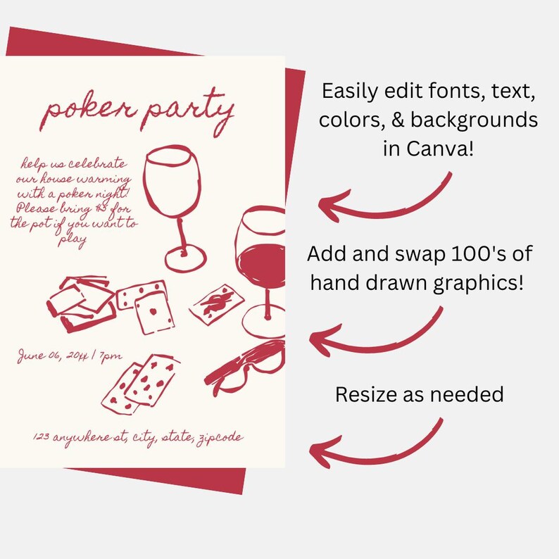 Poker Party Invite, Game Night Invitation, Hand Doodled Invite, Casino ...