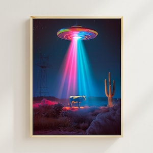 Retro UFO Poster UFO Abduction Art Funny Cow Print Alien Art Print Ufo ...