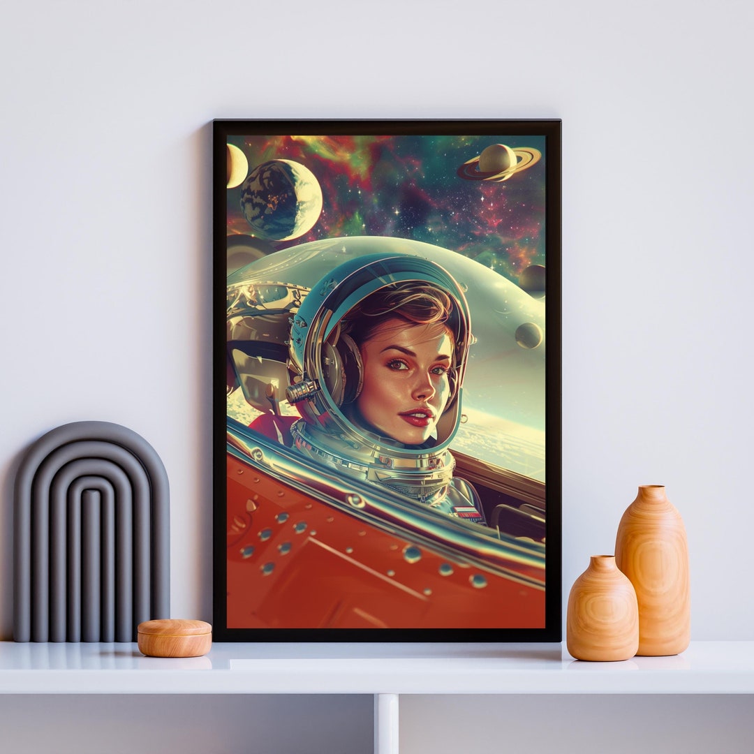 Retro Space Astronaut Poster 50s Rocket Girl Vintage Scifi Collage Art ...