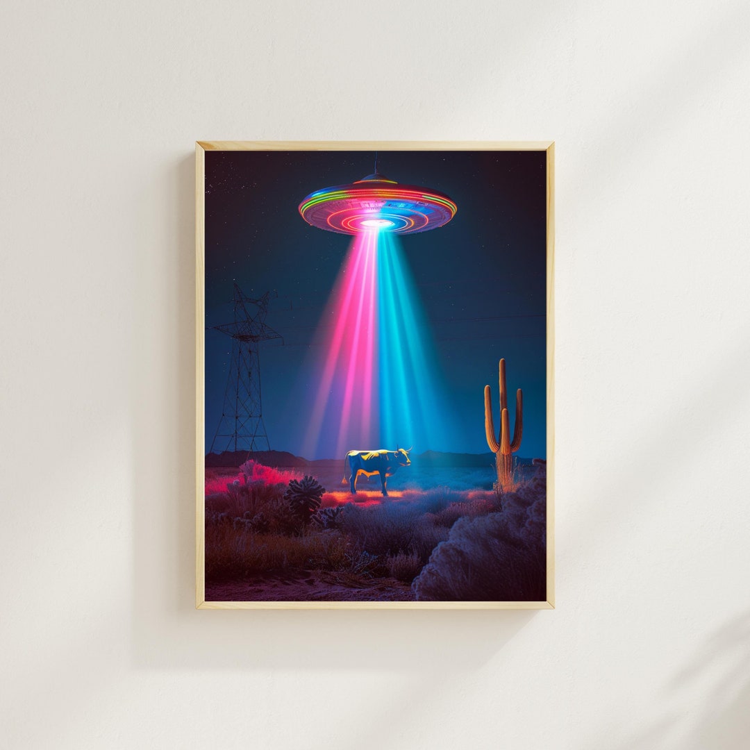 Retro UFO Poster UFO Abduction Art Funny Cow Print Alien Art Print Ufo ...