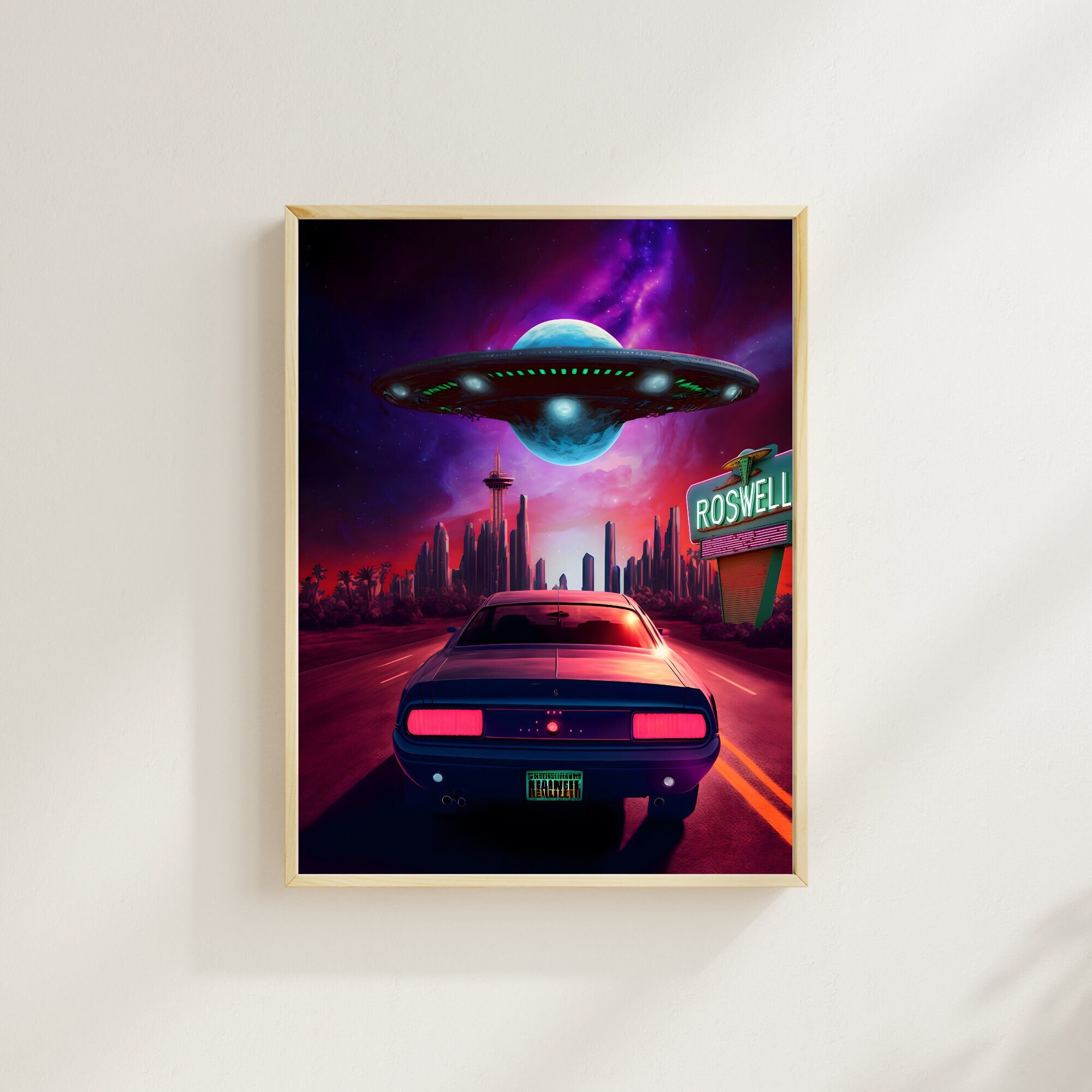 Retro UFO Wall Art Synthwave Decor Alien Abduction Art Futuristic Wall ...