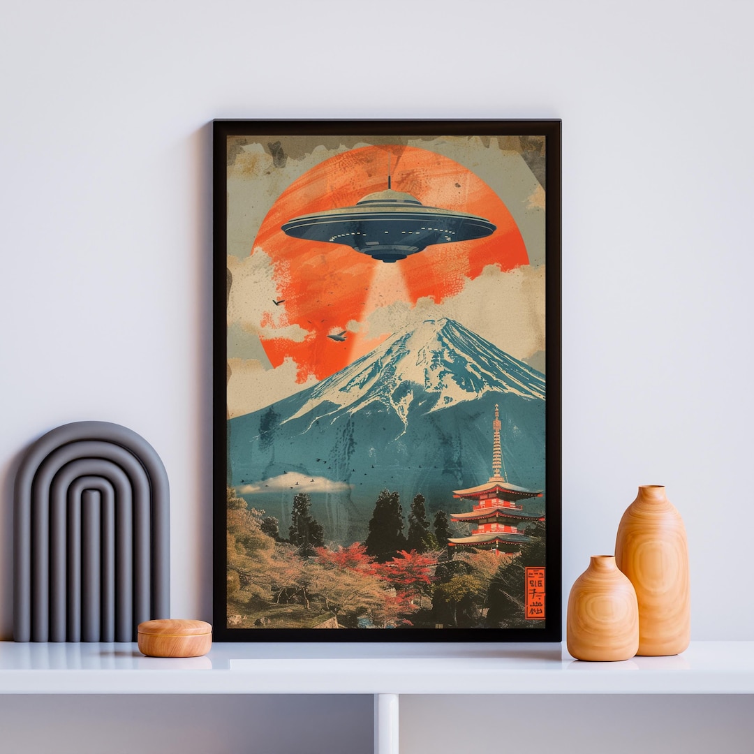 Mount Fuji UFO Art Poster Japanese Woodblock Art Spaceship Alien ...