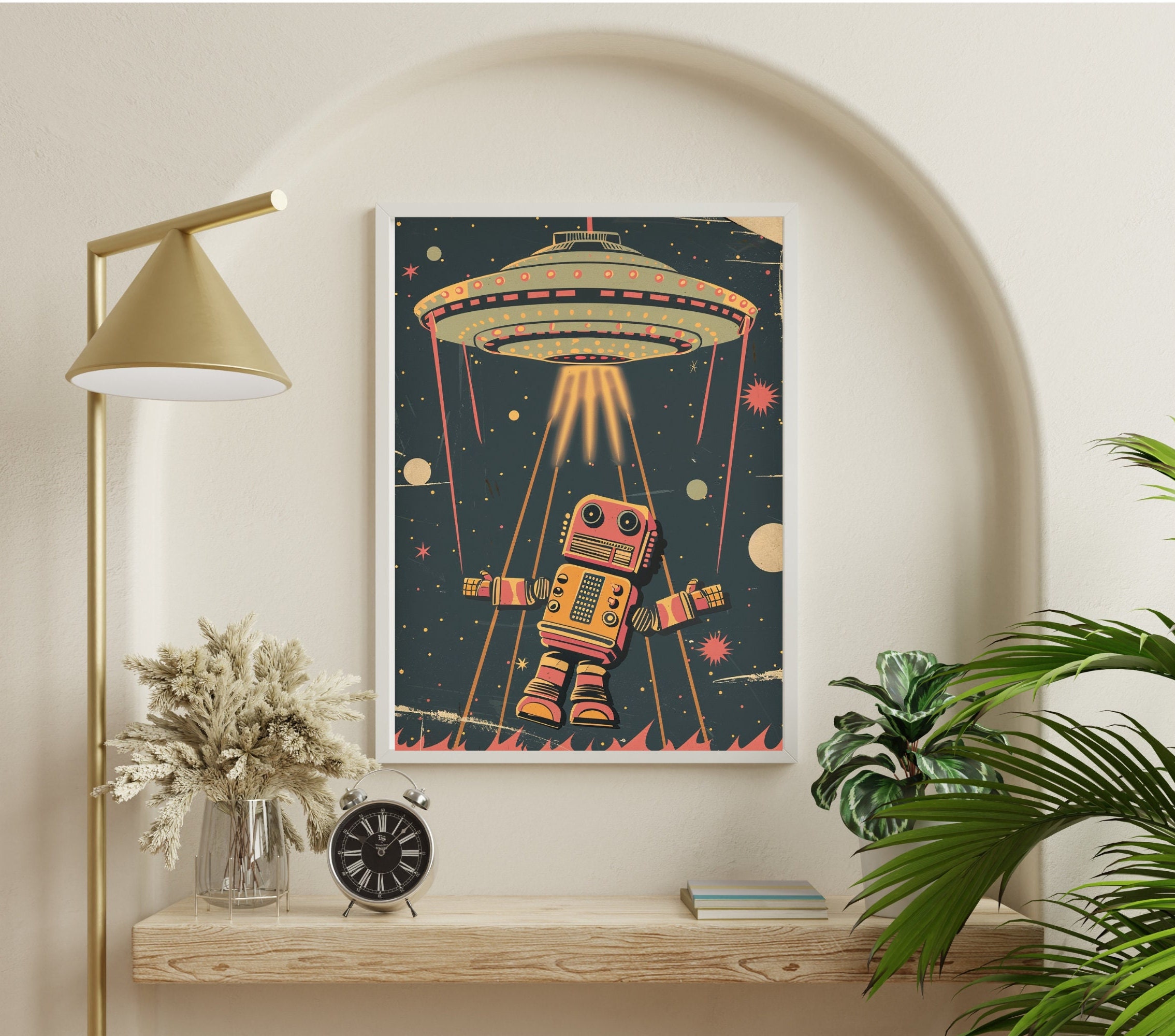 Vintage Robot Poster Retro UFO Wall Decor Robot Art Space Alien Home ...