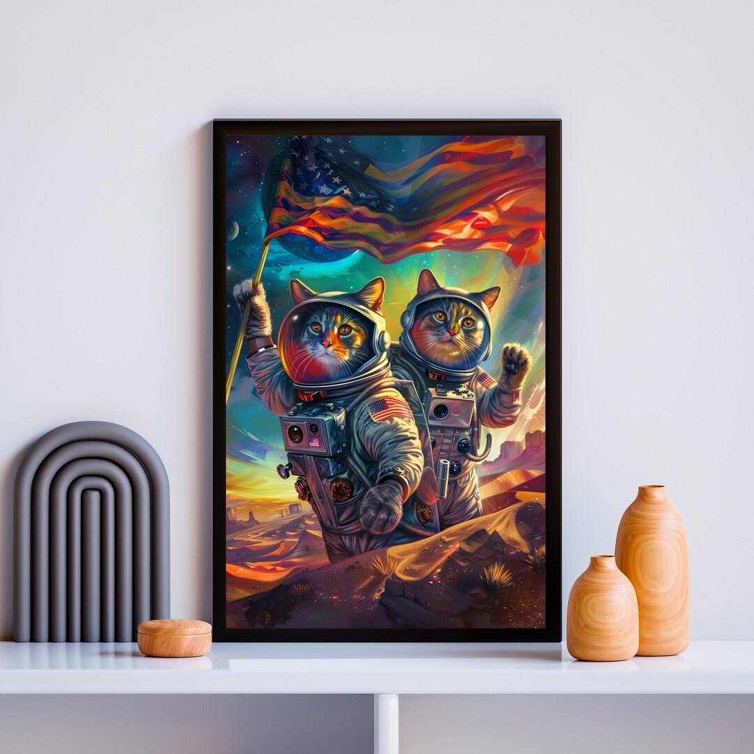 Astronaut Space Cat Art Poster Patriotic American Kitty Cats Starring Cat Surreal Art Poster Cat ...