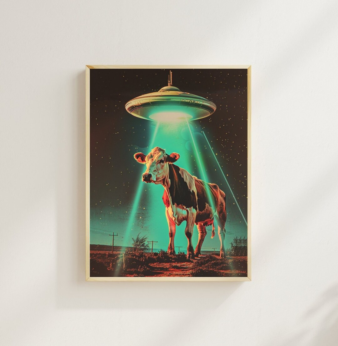 Retro UFO Digital Art UFO Abduction Art Funny Cow Print Alien Art Print ...