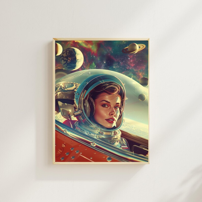 Retro Space Astronaut Poster 50s Rocket Girl Vintage Scifi Collage Art ...