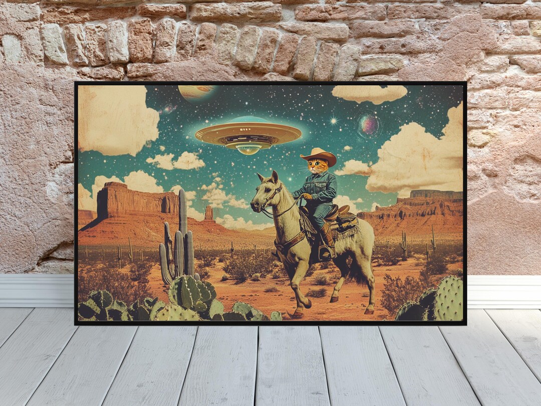 Retro Futuristic Art Vintage Western Cat Sci-fi Collage Art Cowboy Cat ...