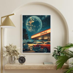 Surreal Space Poster 1950s Cosmic Gas Station Retro Scifi Collage Art ...