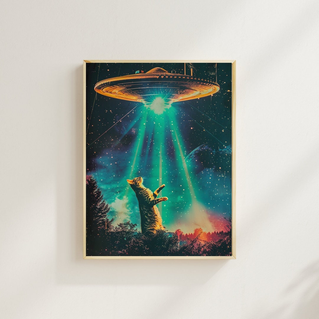 Retro UFO Poster UFO Abduction Art Funny Cat Print Alien Art 50s Style ...