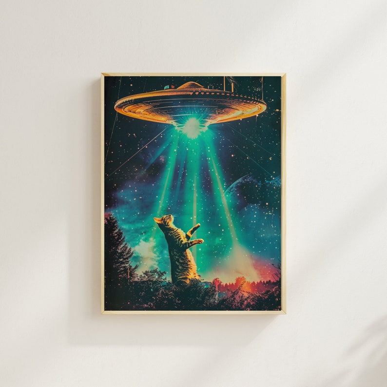Retro UFO Poster UFO Abduction Art Funny Cat Print Alien Art 50s Style ...