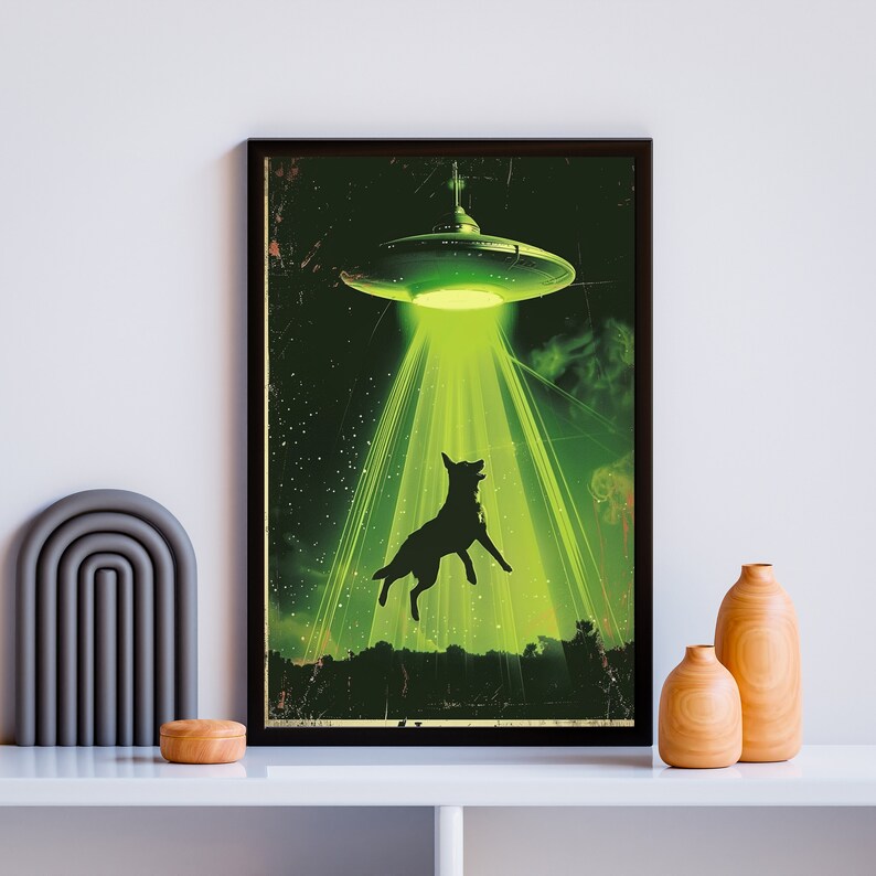 Retro UFO Poster UFO Abduction Art Funny Dog Print Alien Art Print 50s ...
