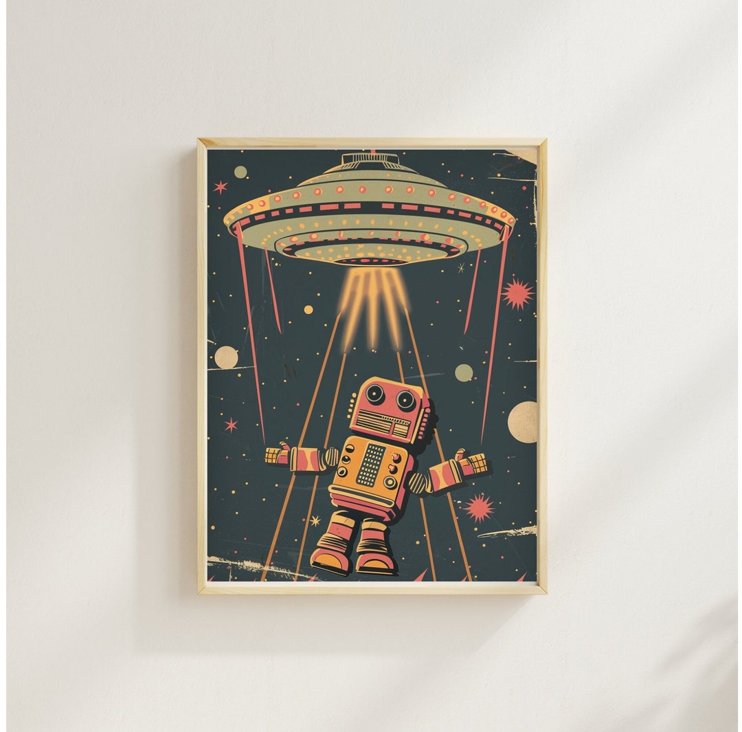 Vintage Robot Poster Retro UFO Wall Decor Robot Art Space Alien Home ...
