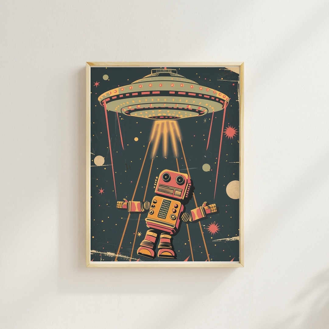 Vintage Robot Poster Retro UFO Wall Decor Robot Art Space Alien Home ...