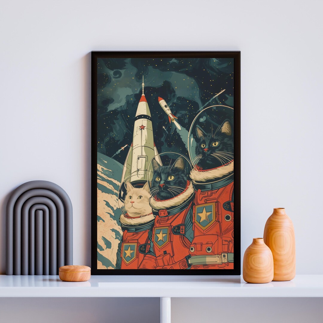 Retro Space Cats Print Astronaut Cat Poster Soviet Space Print Funny ...