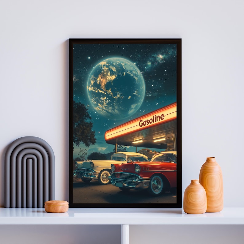 Surreal Space Poster 1950s Cosmic Gas Station Retro Scifi Collage Art ...