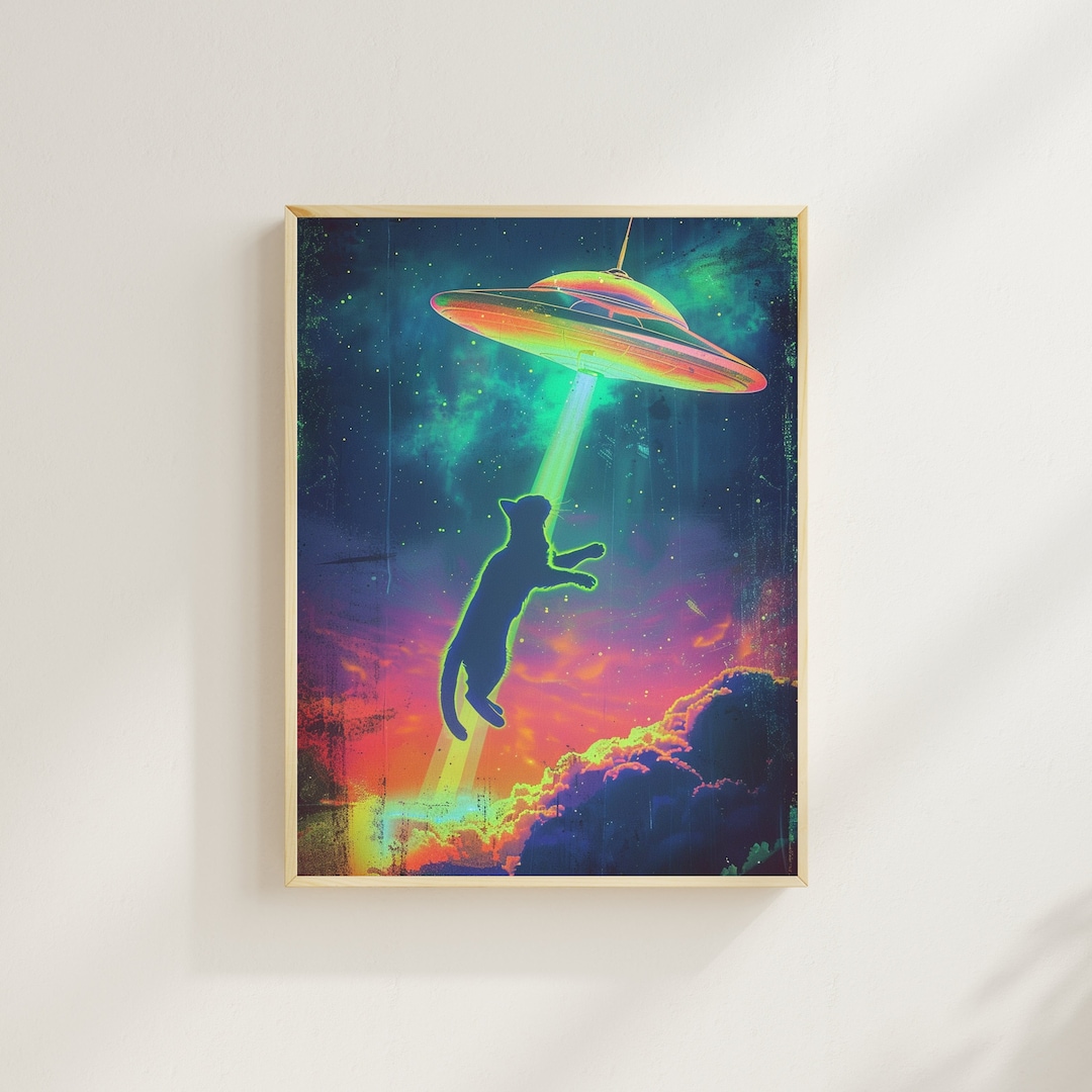 Retro UFO Poster UFO Abduction Art Funny Cat Print Alien Art Print 80s ...