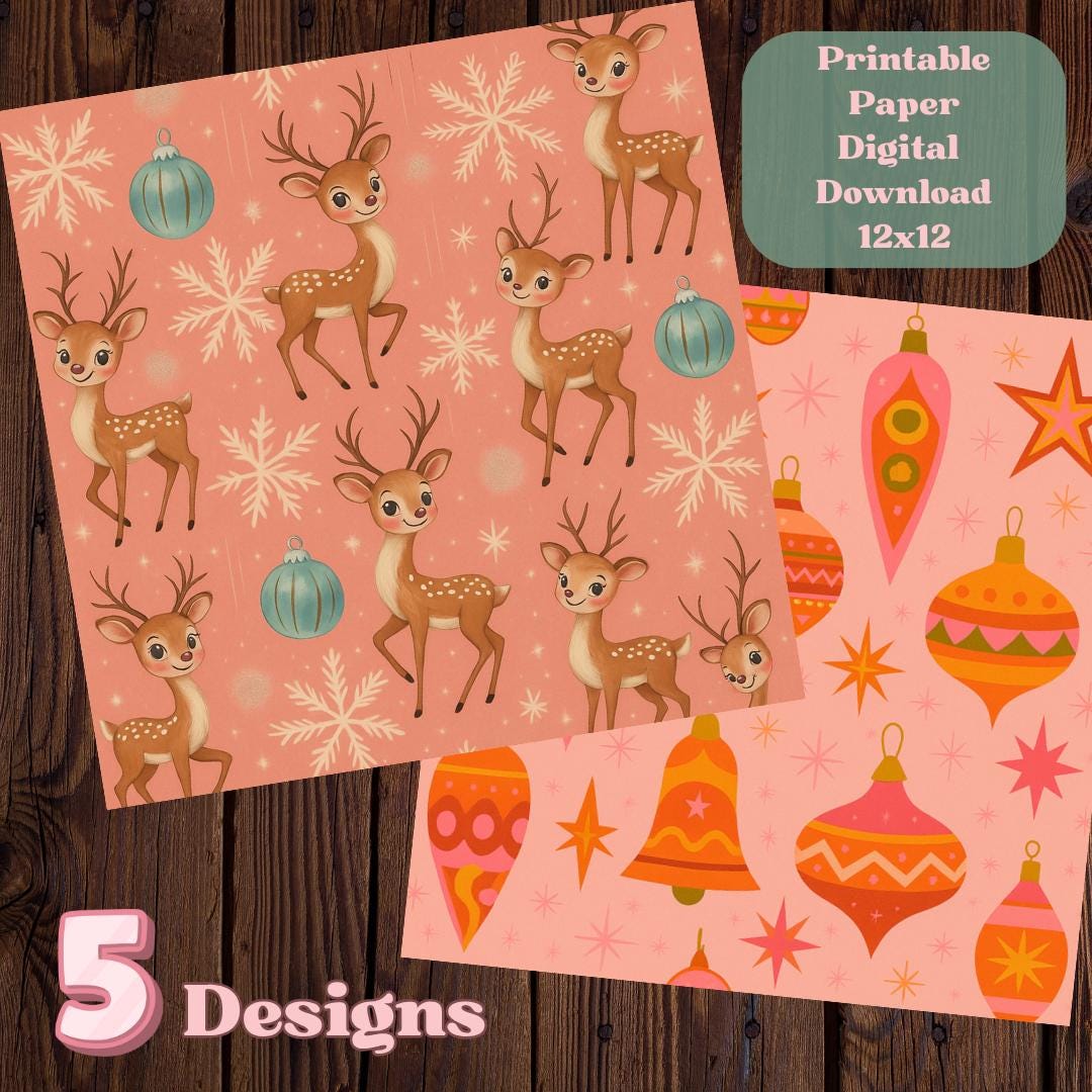Retro Pink Christmas Paper Pack: Mid-century Holiday (digital Download ...