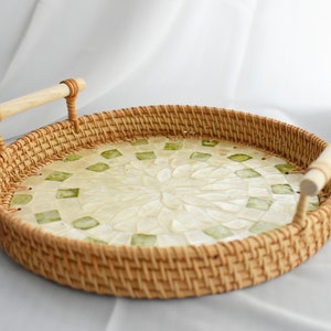 MEDIUM Round Rattan Color Shell Tray With Wooden - Etsy