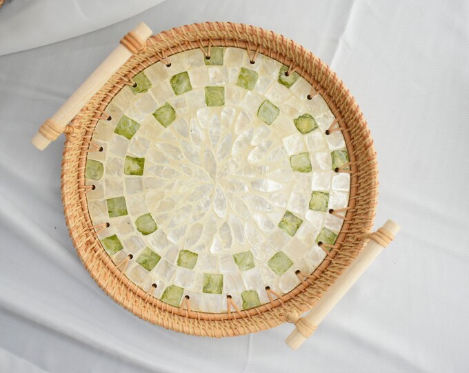 MEDIUM Round Rattan Color Shell Tray With Wooden Handle/serving Tray ...