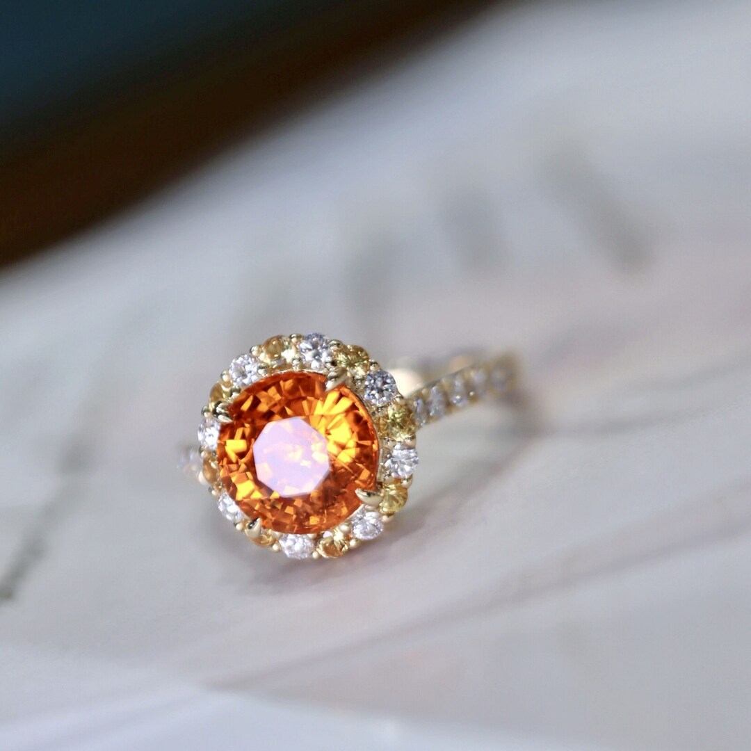 Unique Genuine Fanta Garnet Ring/18k Yellow Gold Round Cut Orange ...