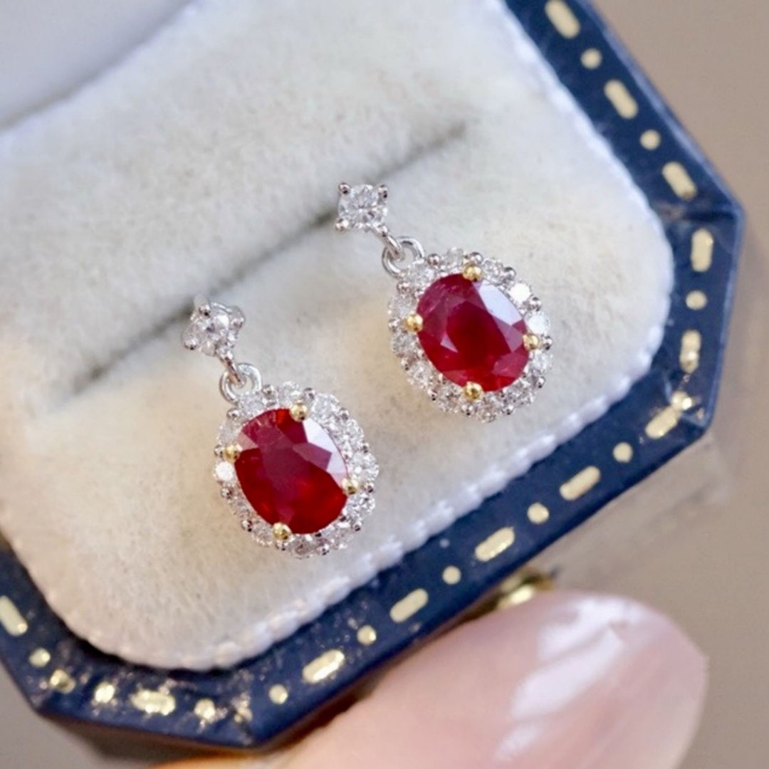 Natural Ruby Drop Earrings/18k Solid White Oval Cut Ruby Earrings ...
