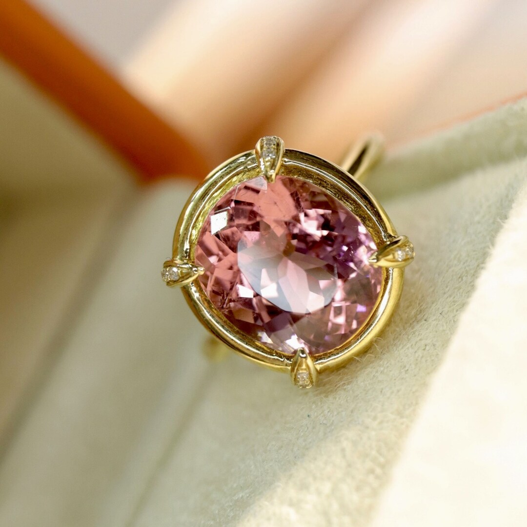 Genuine Pink Tourmaline Ring/18k Yellow Gold Oval Cut Tourmaline Ring ...