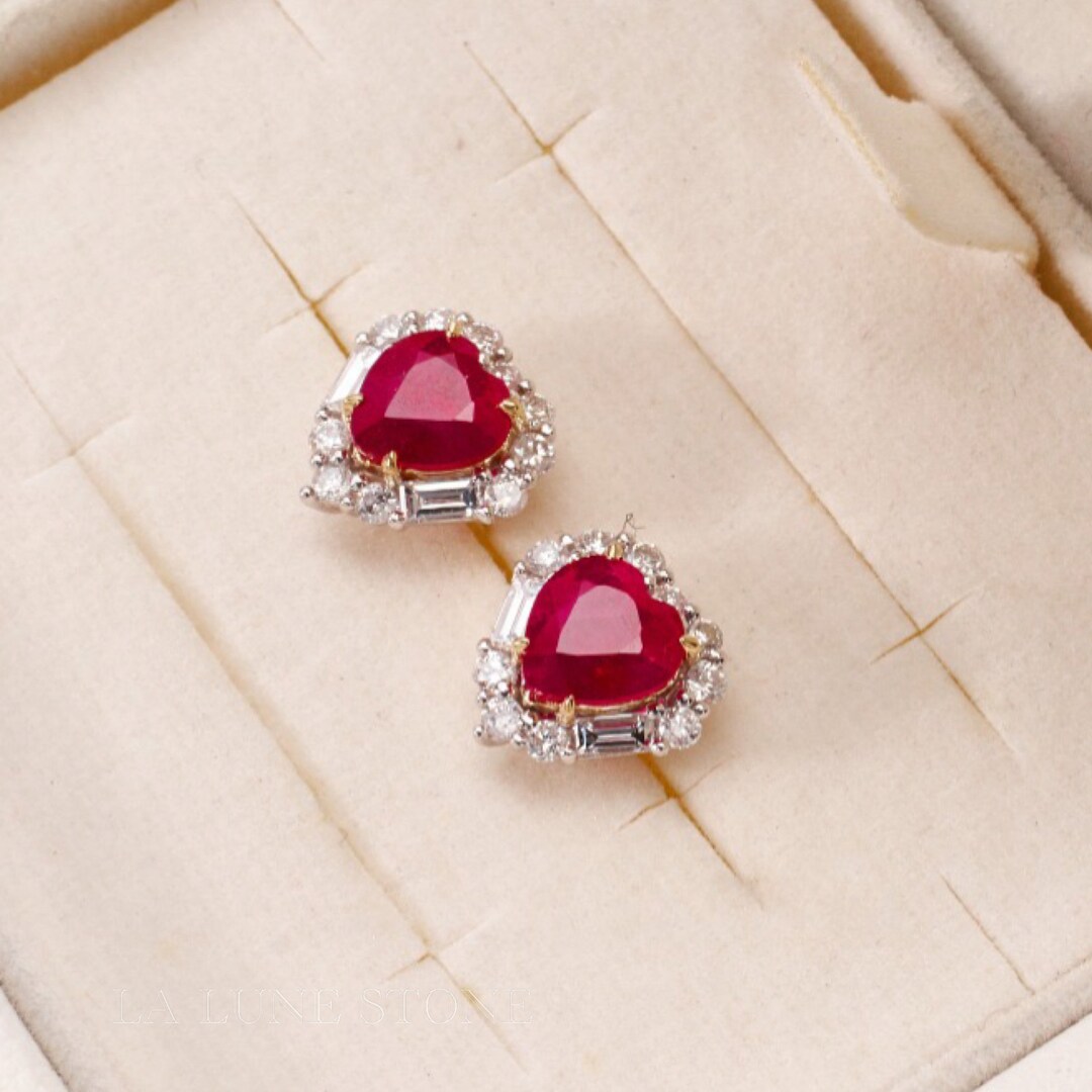 Natural Ruby Stud Earrings With Diamonds/18k Solid Gold Heart Cut Ruby ...
